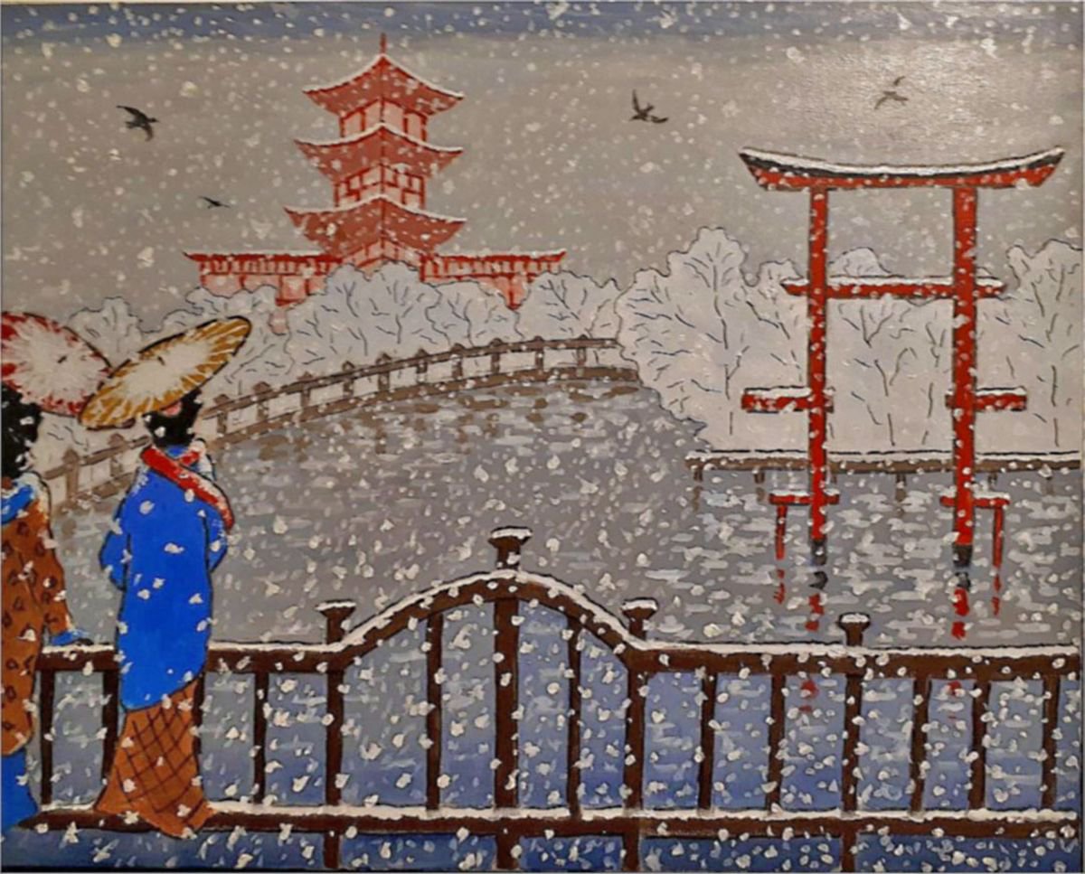 japanese snow scene Acrylic painting by Colin Ross Jack | Artfinder