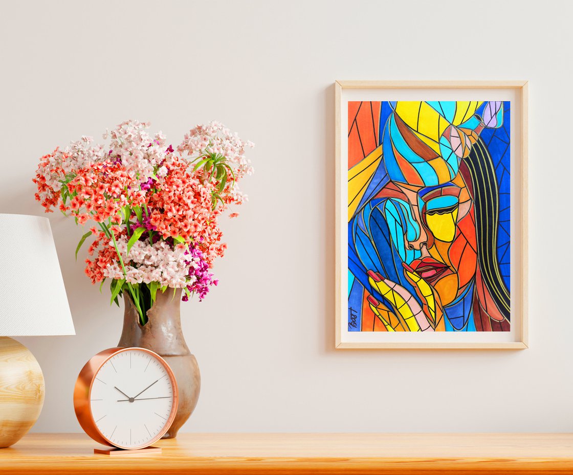 Woman & man abstract art in stained glass cubism style Drawing by BAST ...