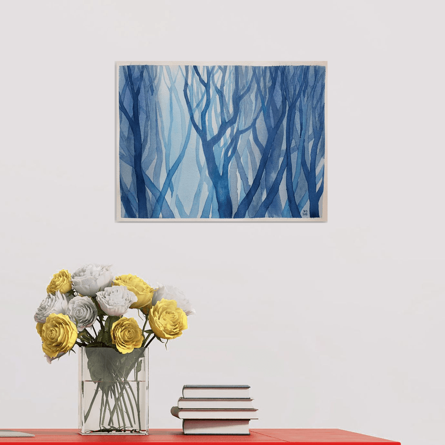 Original Watercolour - Blue Midnight Trees Landscape by Ksenia June