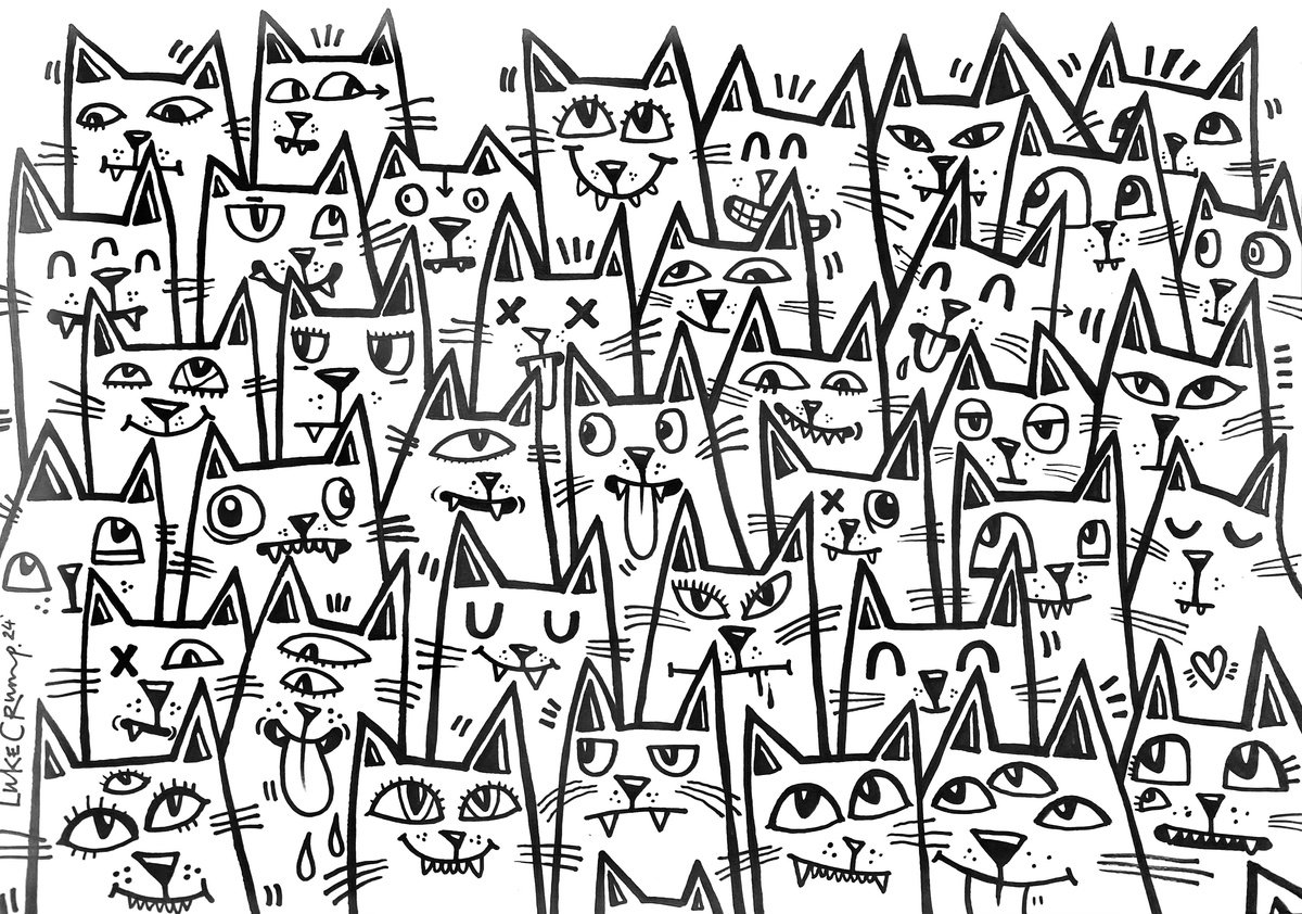 Cat Crowd Ink drawing by Luke Crump | Artfinder