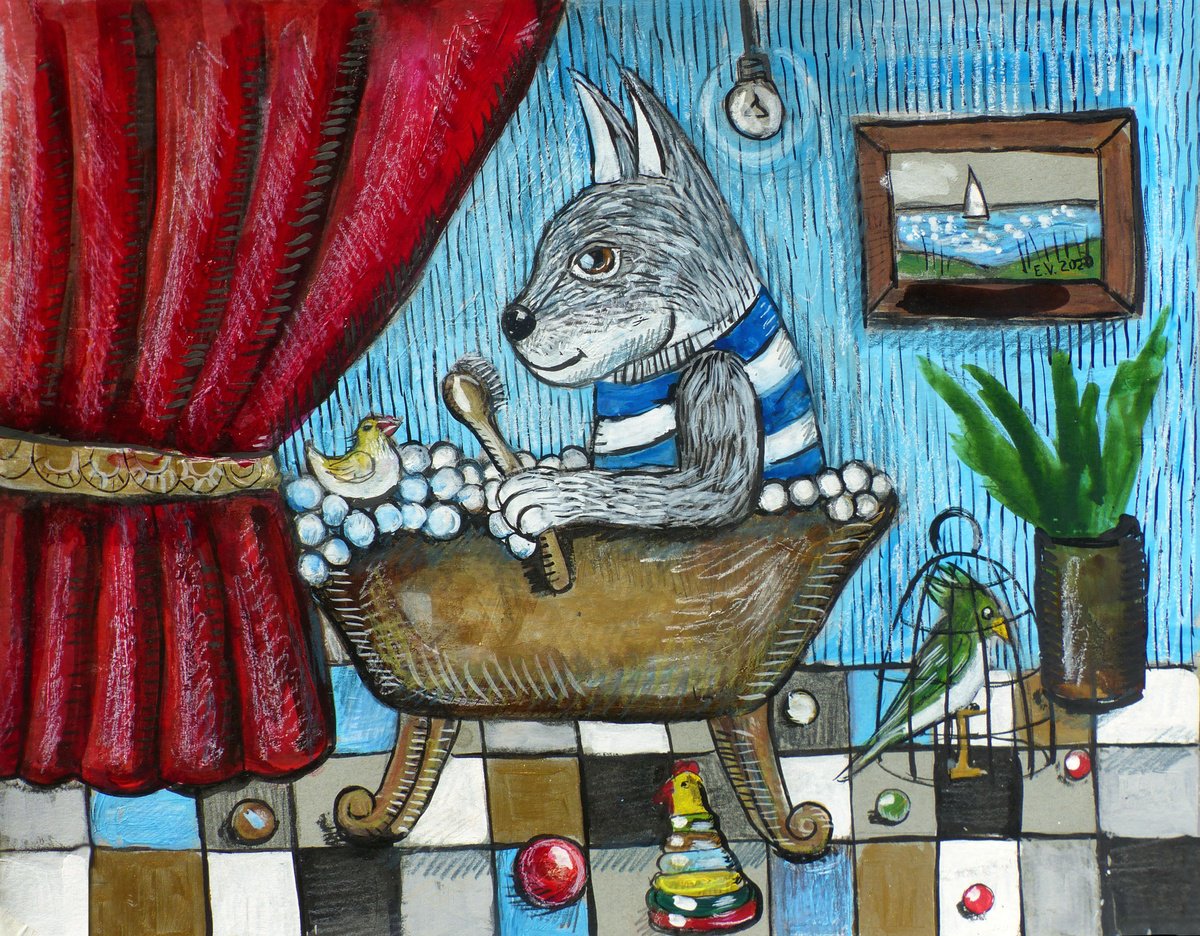 Cat in the bathroom#4 Mixed-media painting by Elizabeth Vlasova | Artfinder
