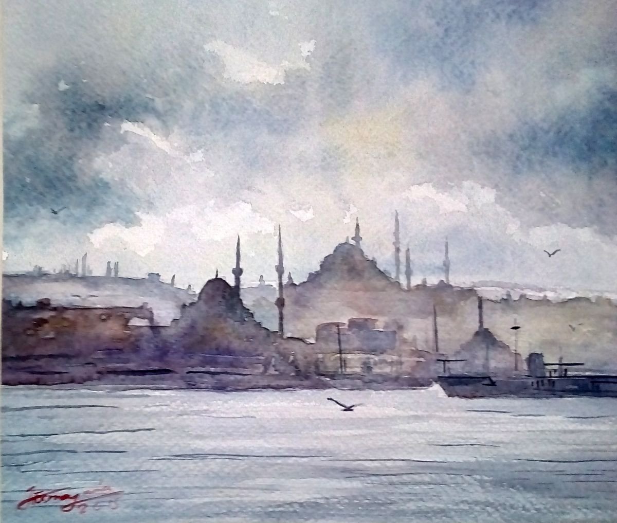 Cloudy Istanbul Watercolour by Jamaleddin Toomajnia | Artfinder