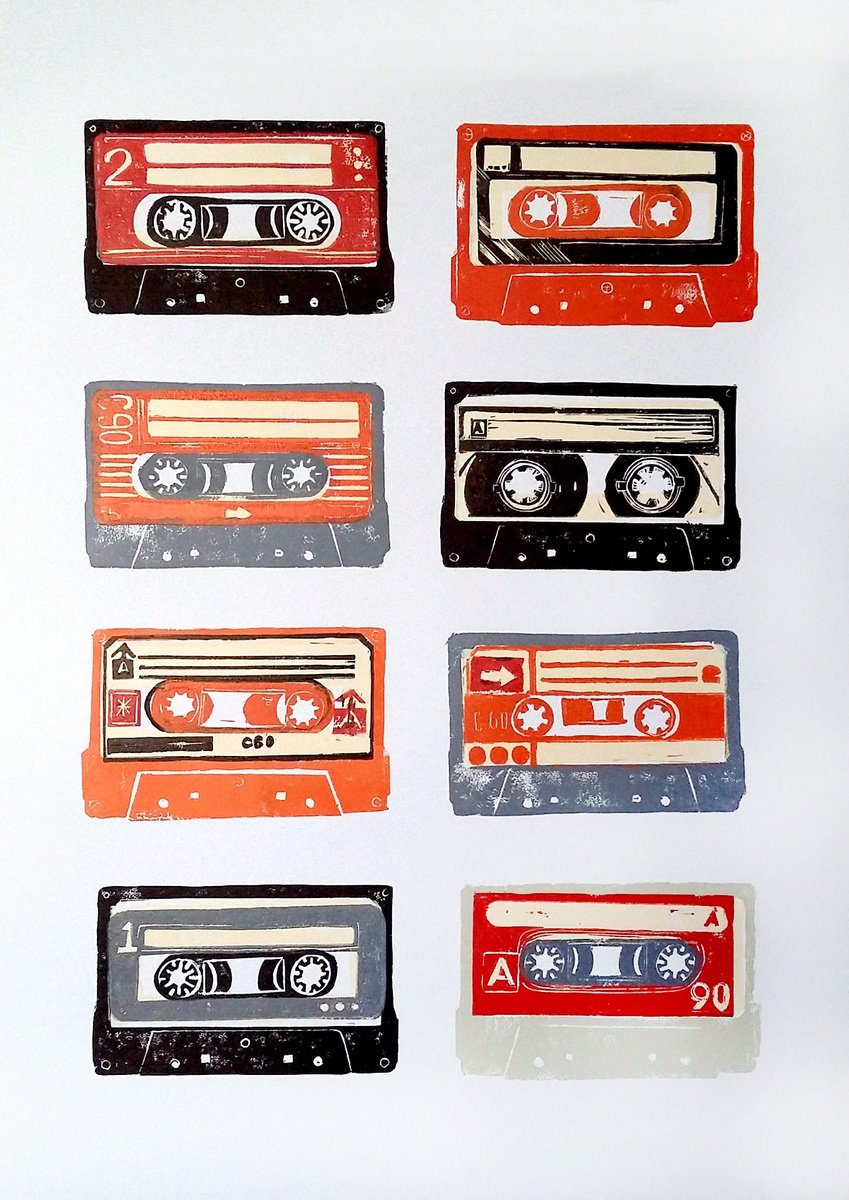 Linocut cassette tapes #58 Monoprint: Carolynne Coulson | Artfinder