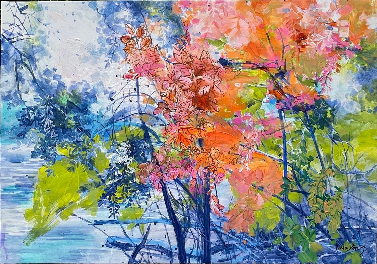 Fall again with drawing lines. Acrylic painting: Tina Ding | Artfinder