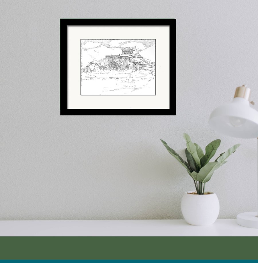 Original Ink Drawing - Rinpung Dzong Monastery Bhutan by Asha Shenoy