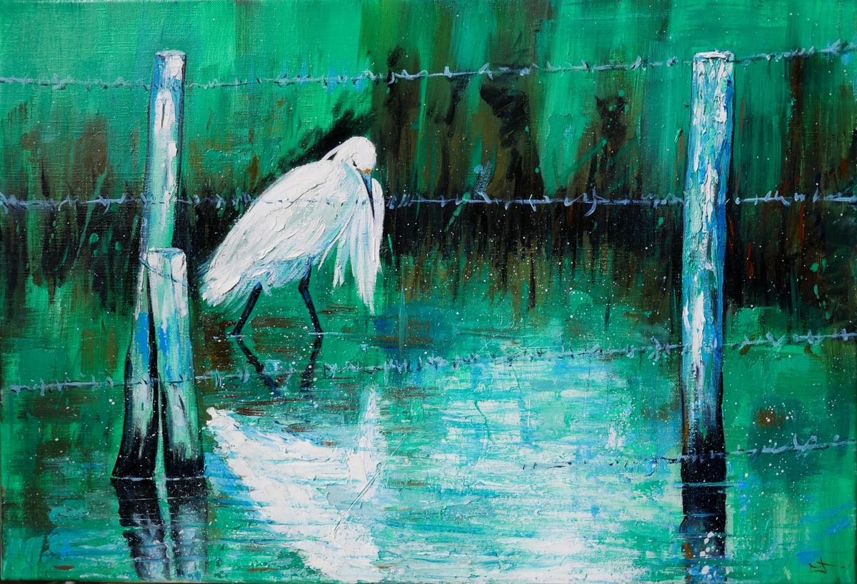 Egret in Camargue behind barbed wire Oil painting: Lionel Le Jeune ...