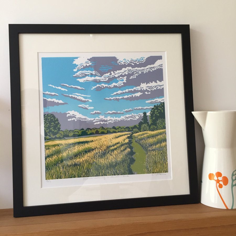 Summer Evening in Farnham Park Linocut: Shirley Watson | Artfinder