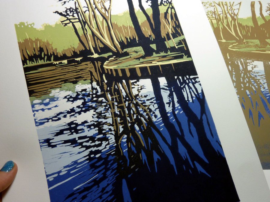 Trow Pool Reflection Linocut: Alexandra Buckle | Artfinder