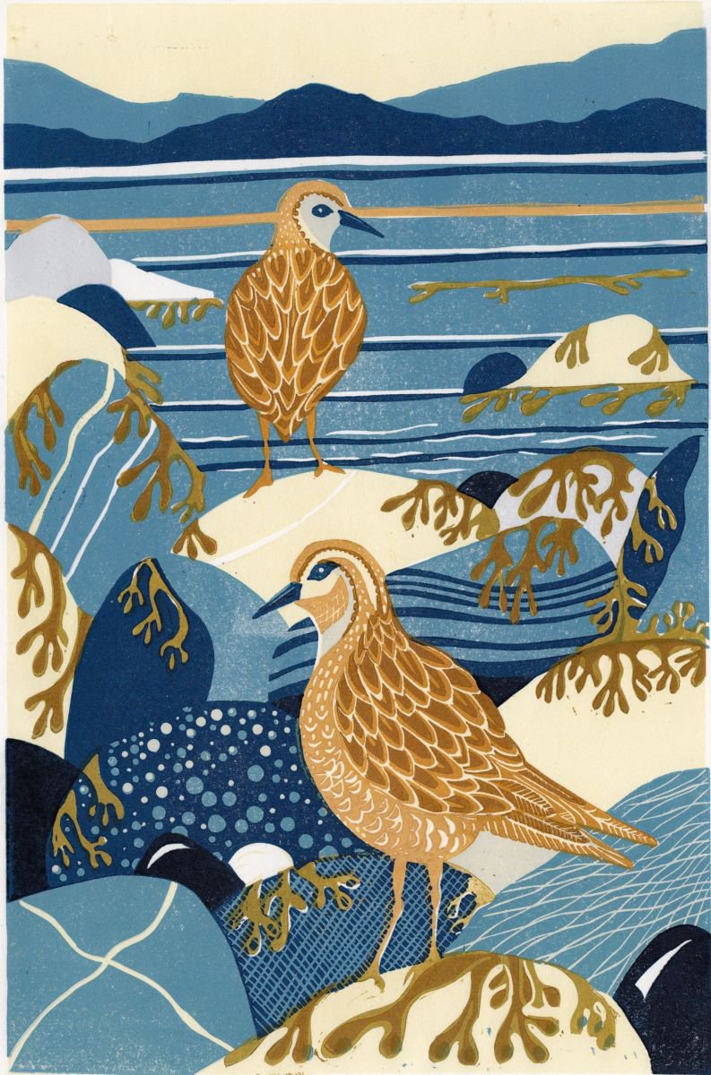 Golden Plovers Linocut by Alison Deegan | Artfinder
