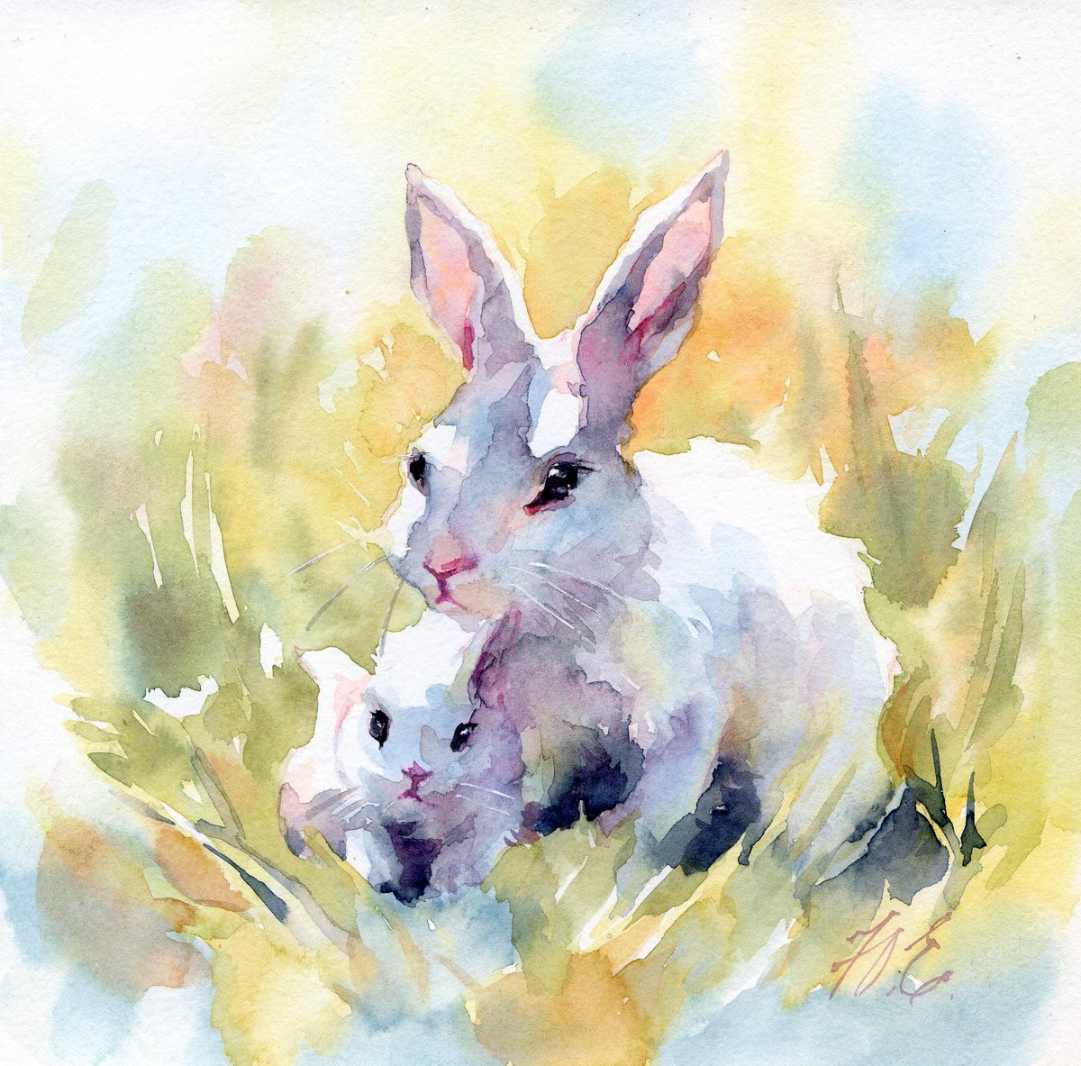 White rabbits Watercolour by Yulia Evsyukova | Artfinder