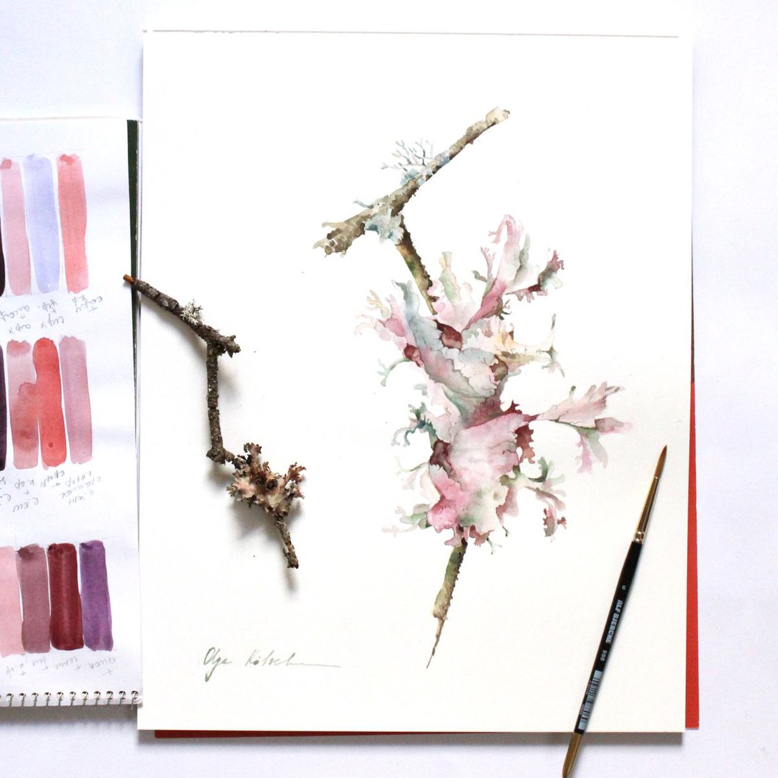 A branch with rainbow wild moss Watercolour by Olga Koelsch | Artfinder