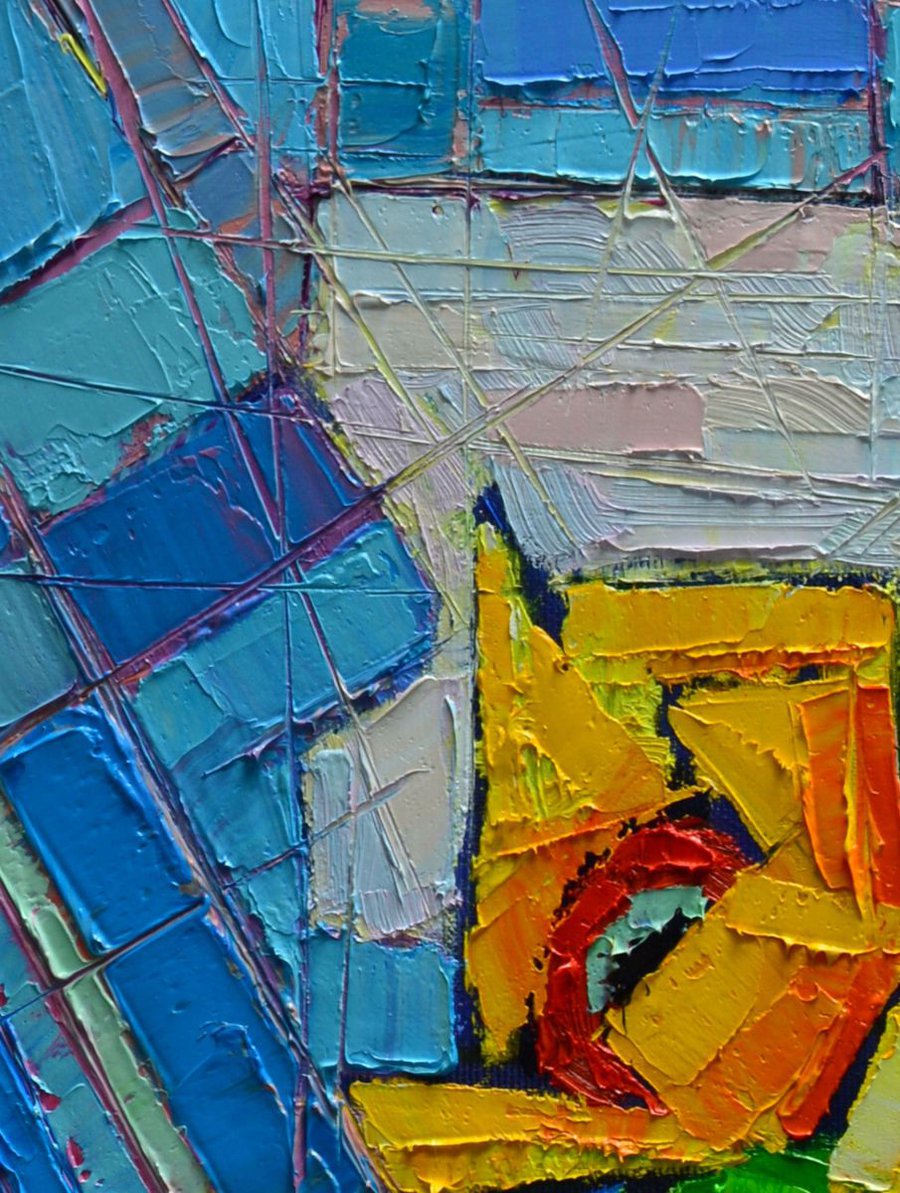 CUBIST SUNFLOWERS - modern colorful vibrant highly textured floral ...