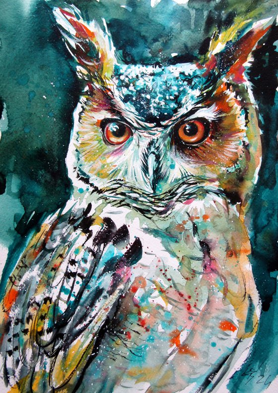 Owl portrait Watercolour: Kovács Anna Brigitta | Artfinder