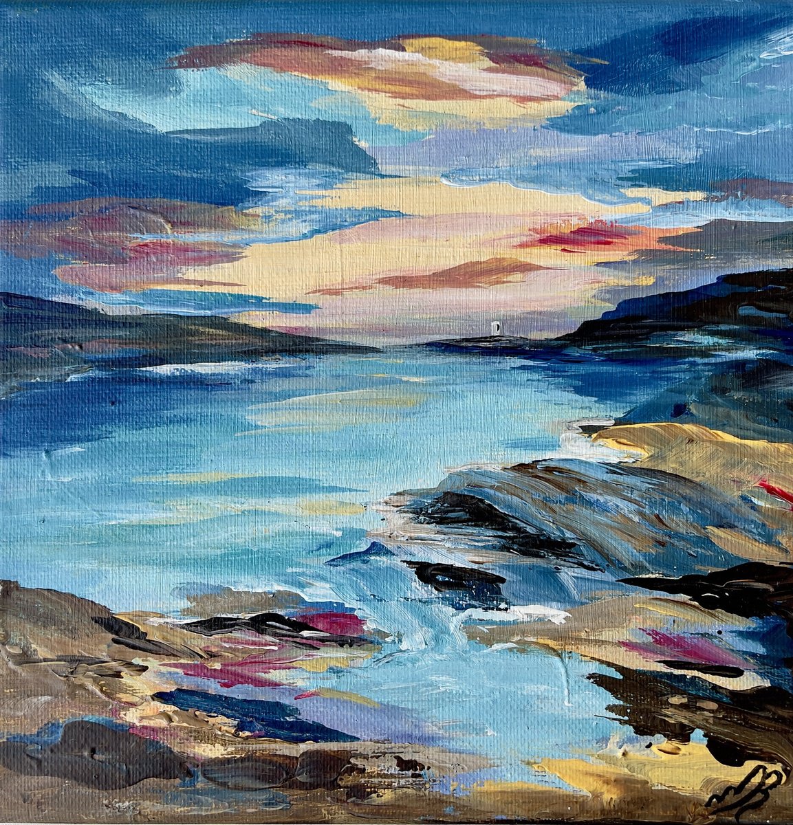 Abstract Sunrise over the Watchtower at the Inlet Acrylic painting ...