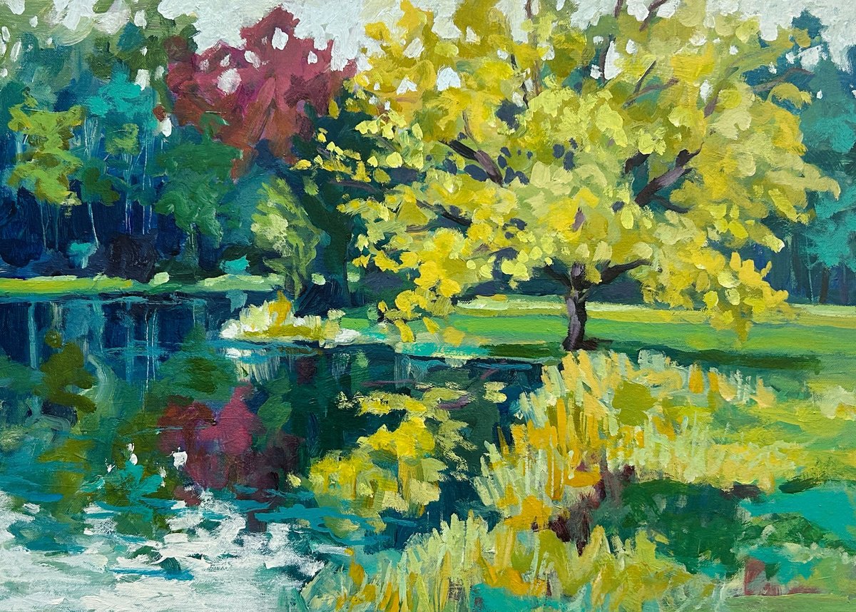 Haining Park Pond in May Acrylic painting by Clair Bremner | Artfinder