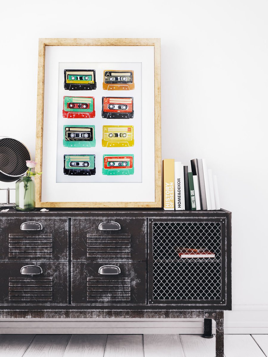 Linocut tapes #10 (cassette tapes, retro music, 70's, 80's rock culture ...