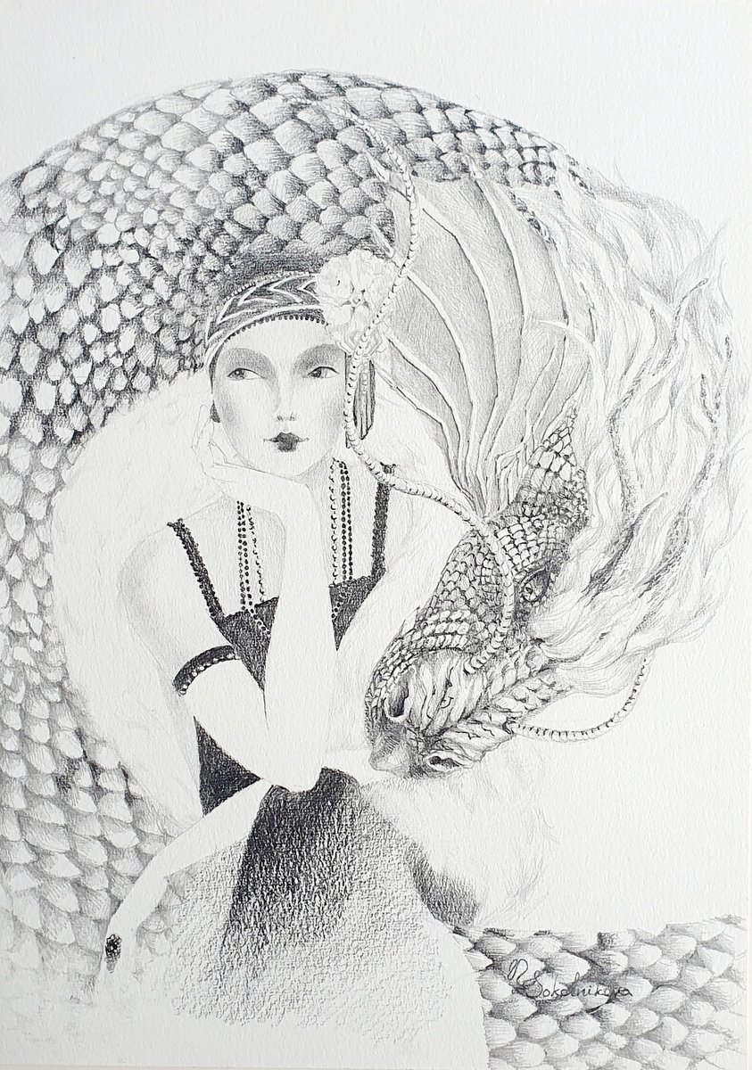 Lady and dragon Pencil drawing by Natasha Sokolnikova | Artfinder