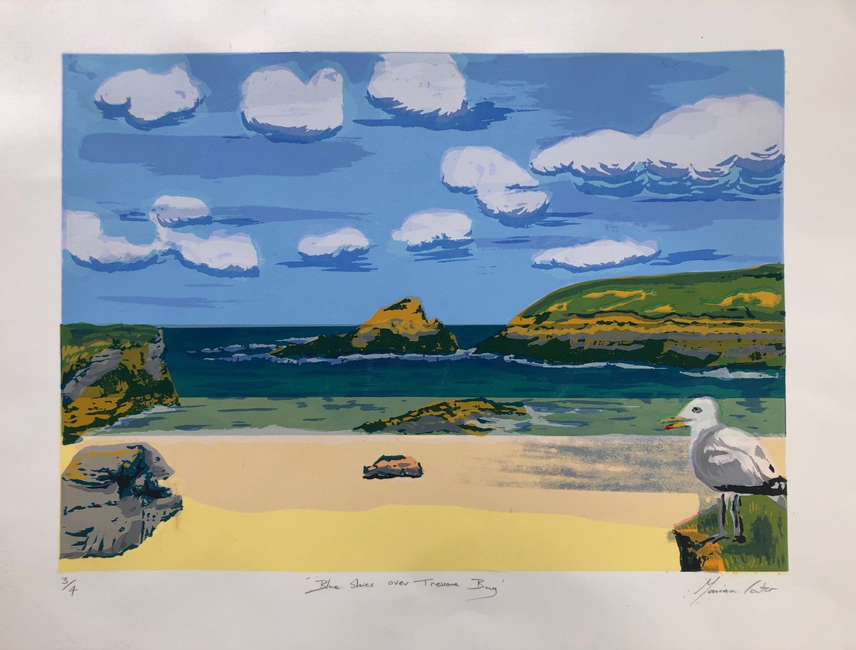 Blue Skies Over Trevone Bay Screenprint: Marian Carter | Artfinder