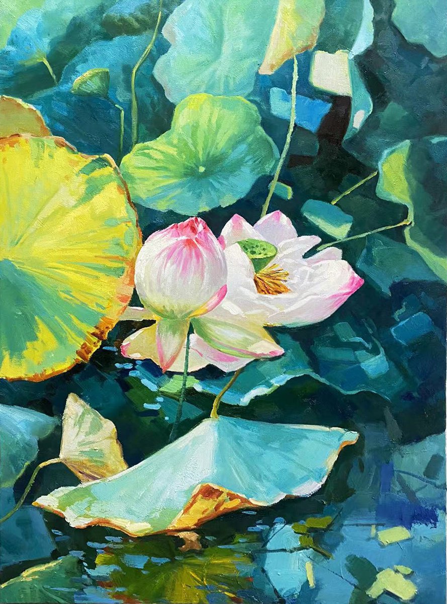 Still life oil painting:Lotus Oil painting: Kunlong Wang | Artfinder