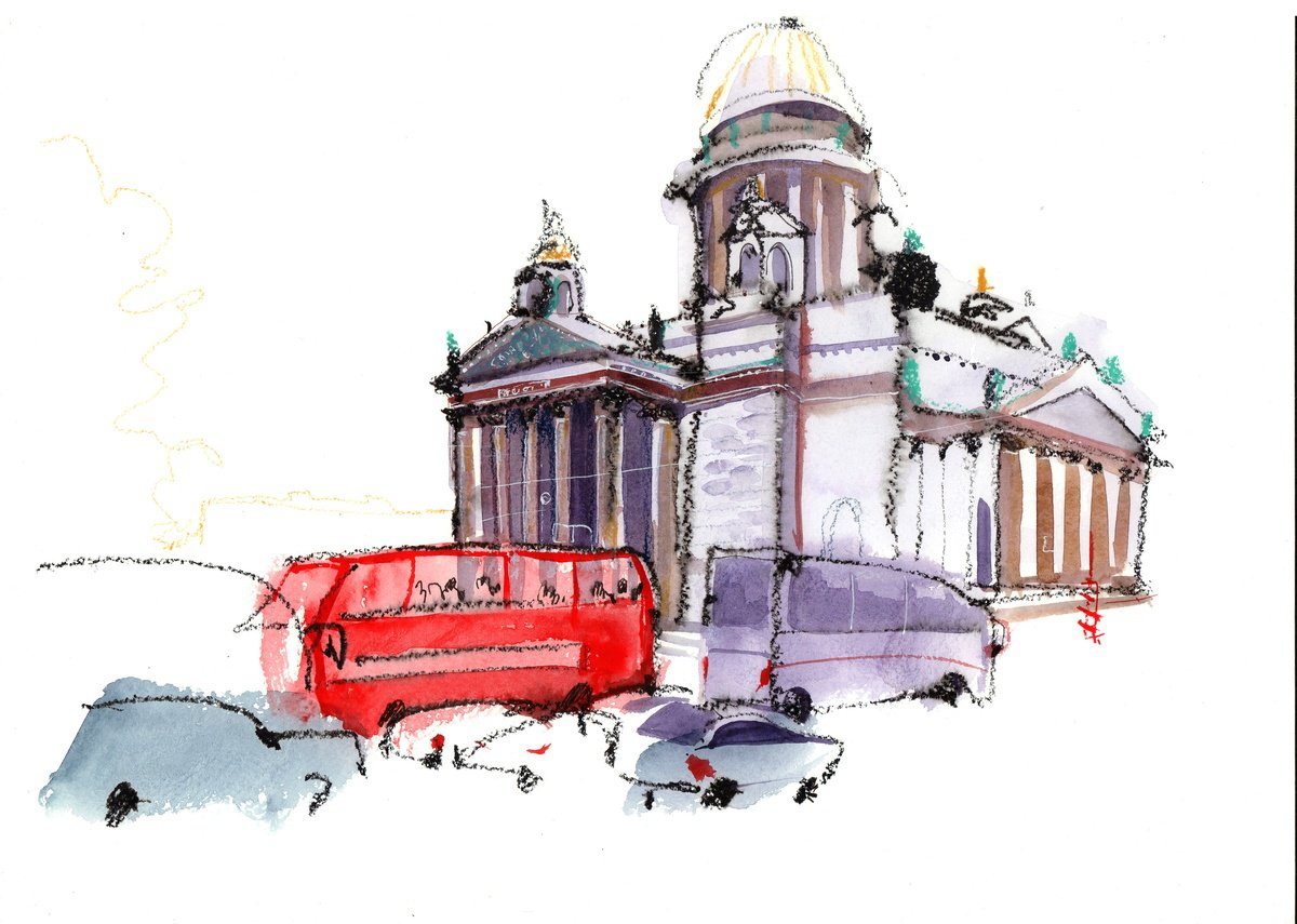 Red Bus in Saint Petersburg Watercolour by Anastasia YOUKKI Mamoshina ...